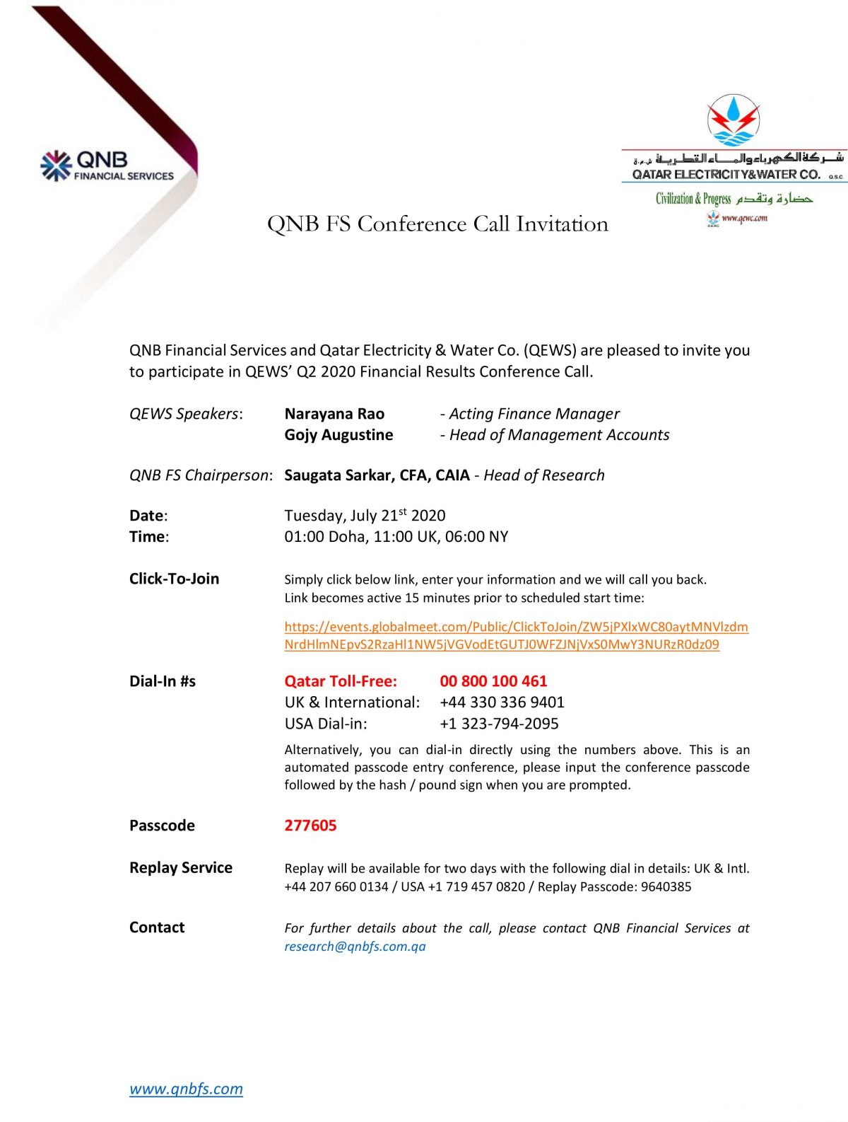 Q2 2020 Conference Call Invitation | Qatar Electricity & Water Co.