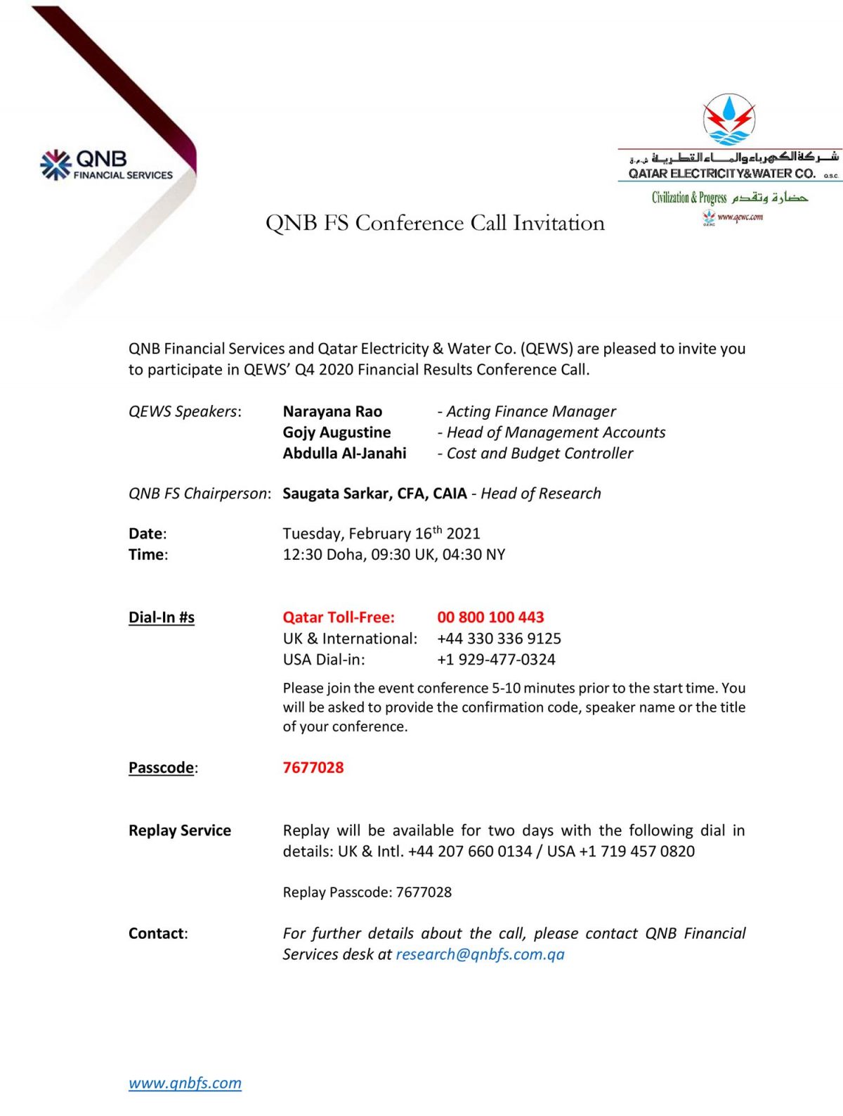 Q4 2020 Conference Call Invitation | Qatar Electricity & Water Co.