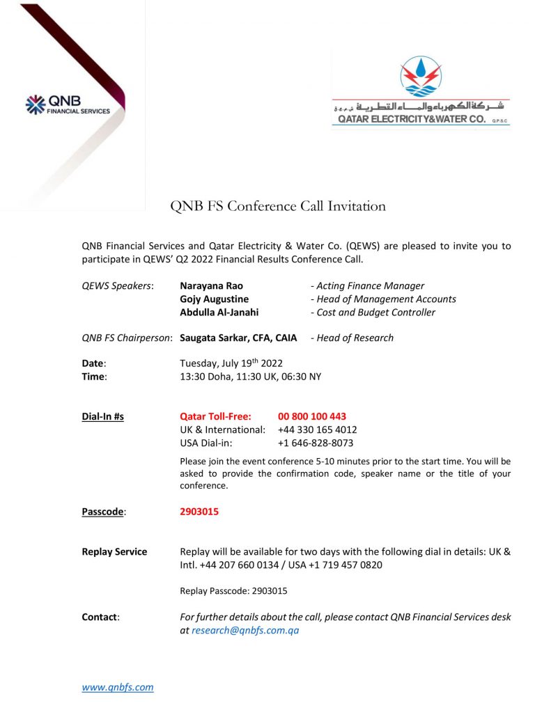 Q2 2022 Conference Call Invitation | Qatar Electricity & Water Co.