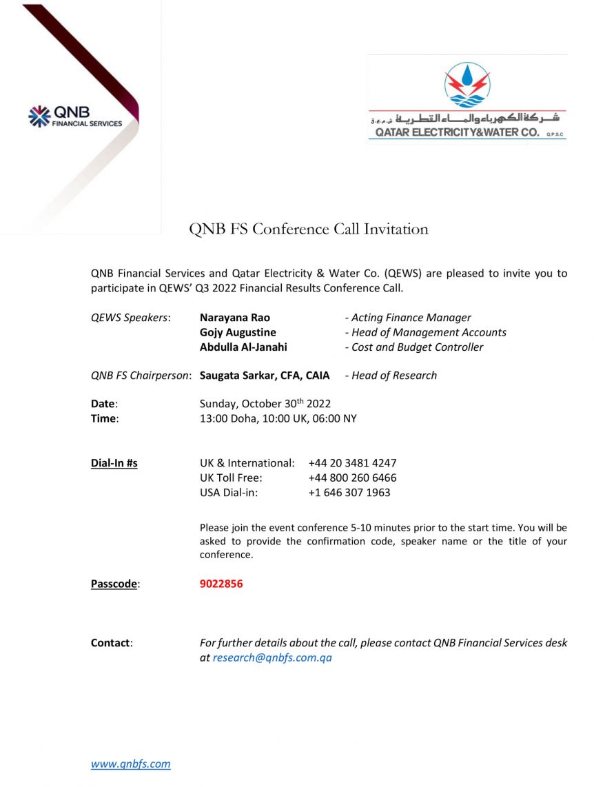 Q3 2022 Conference Call Invitation | Qatar Electricity & Water Co.