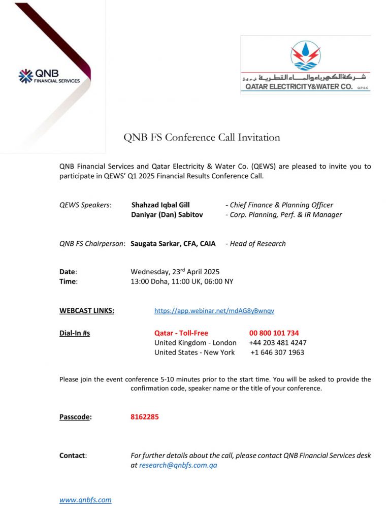 Q1 2025 Conference Call Invitation | Qatar Electricity & Water Co.