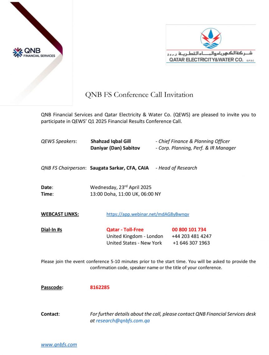 Q1 2025 Conference Call Invitation | Qatar Electricity & Water Co.