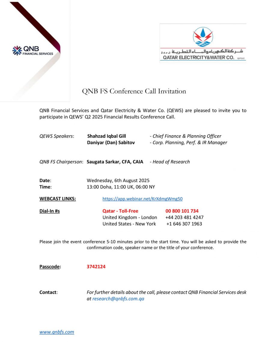 Q2 2025 Conference Call Invitation | Qatar Electricity & Water Co.